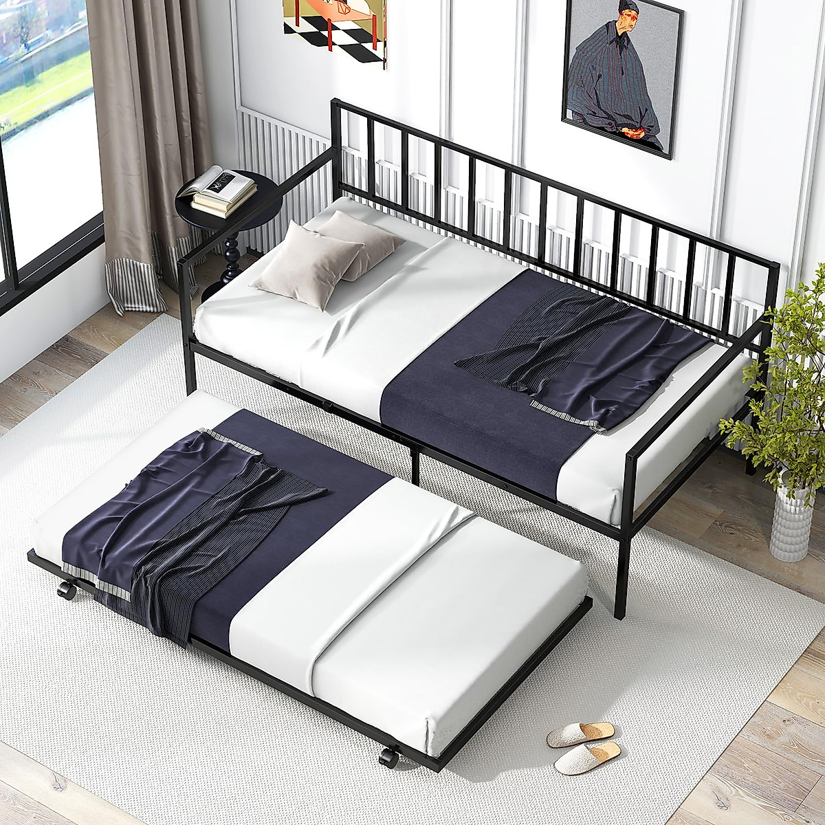 KOMFOTT Twin Metal Daybed with Trundle, Metal Sofa Bed & Pull-Out Trundle Set with Lockable Casters, Daybed for Living Room, No Box Spring Needed