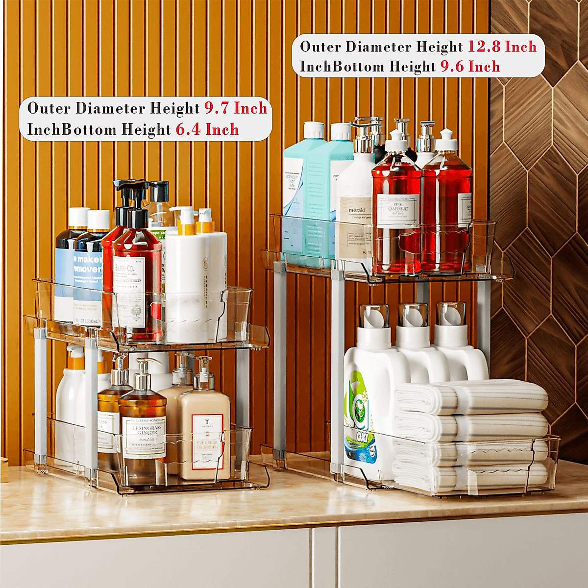 Yieach 2 Sets 9.7" Tall Under Sink Organizers And Storage,Multi-Purpose 2 Tier Under Bathroom Sink Organizer and Under Cabinet Storage,Clear Pull Out Medicine Cabinet Organizer With 8 Movable Dividers