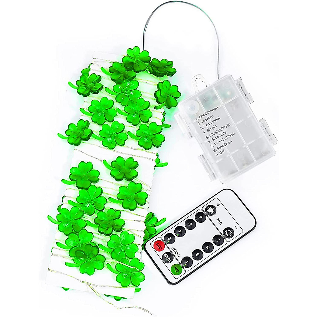 St. Patrick's Day Lights Shamrock String Lights Battery Operated 13 Feet 40 LEDs 8 Mode with Remote Lucky Clover Silver Wire Mini Fairy Lights for Bedroom Party Feast Green Day Decorations