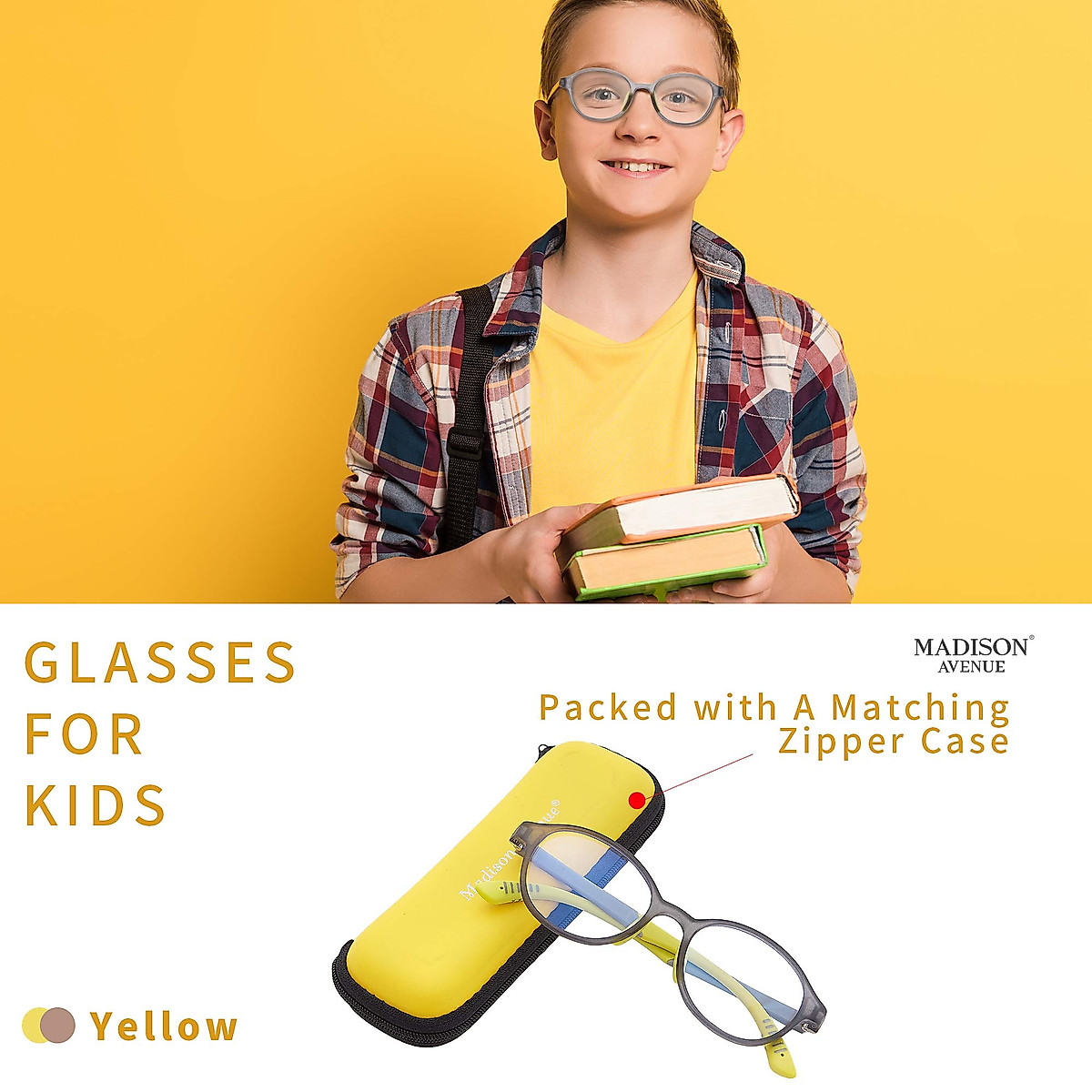 Madison Avenue Kids Blue Light Blocking Glasses for Teens Anti Blue Ray Eye Strain Computer Game Glasses Flexible Soft TR90 Frame UV Protection Computer TV Eyeglasses Boys Girls Age 9-12 (Yellow)