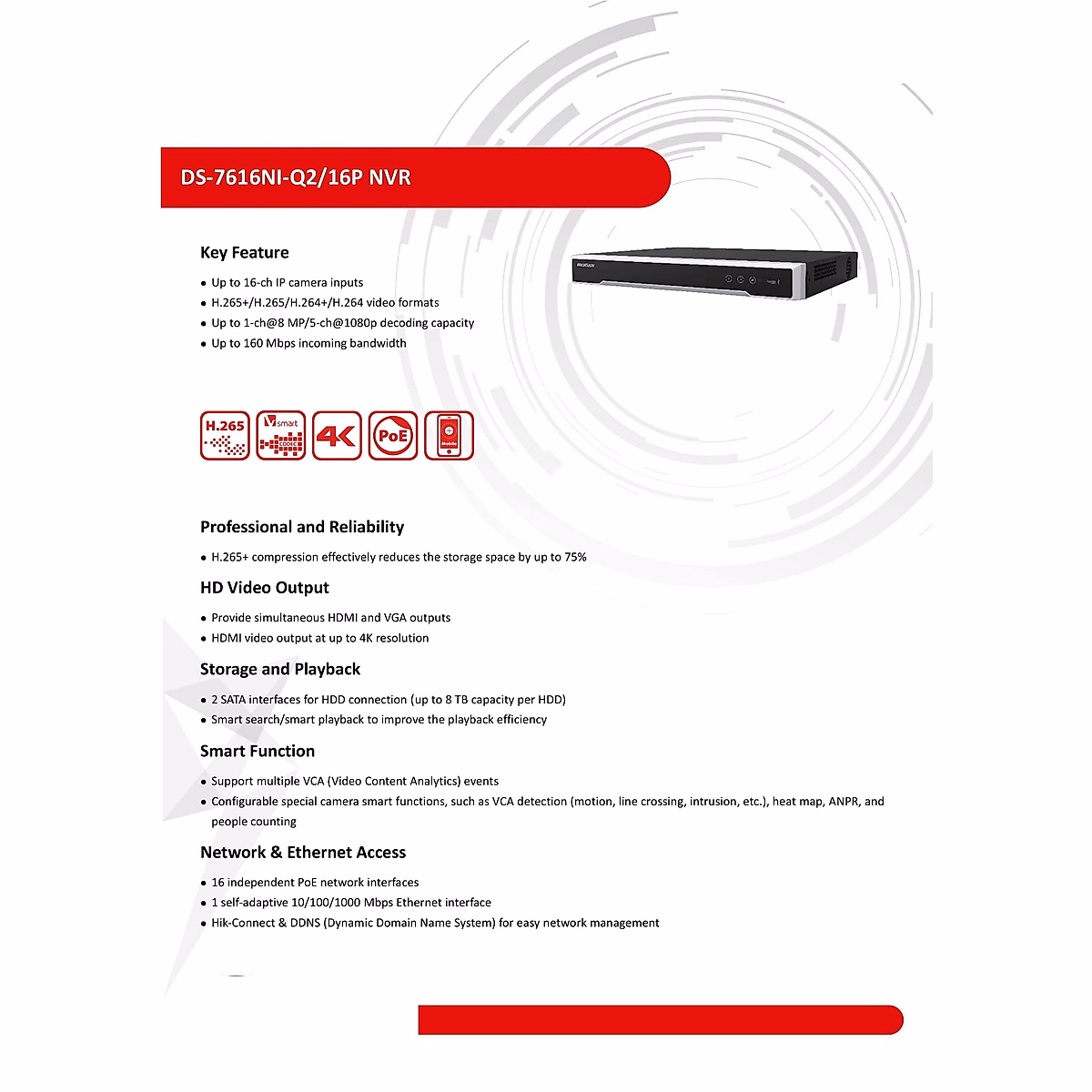 DS-7616NI-Q2/16P H.265 16 Channel PoE 4K 8MP Network Video Recorder NVR, Plug & Play, International Original English Version, Compatible with Hik Vision Hik-Connect, Hard Drive Not Included