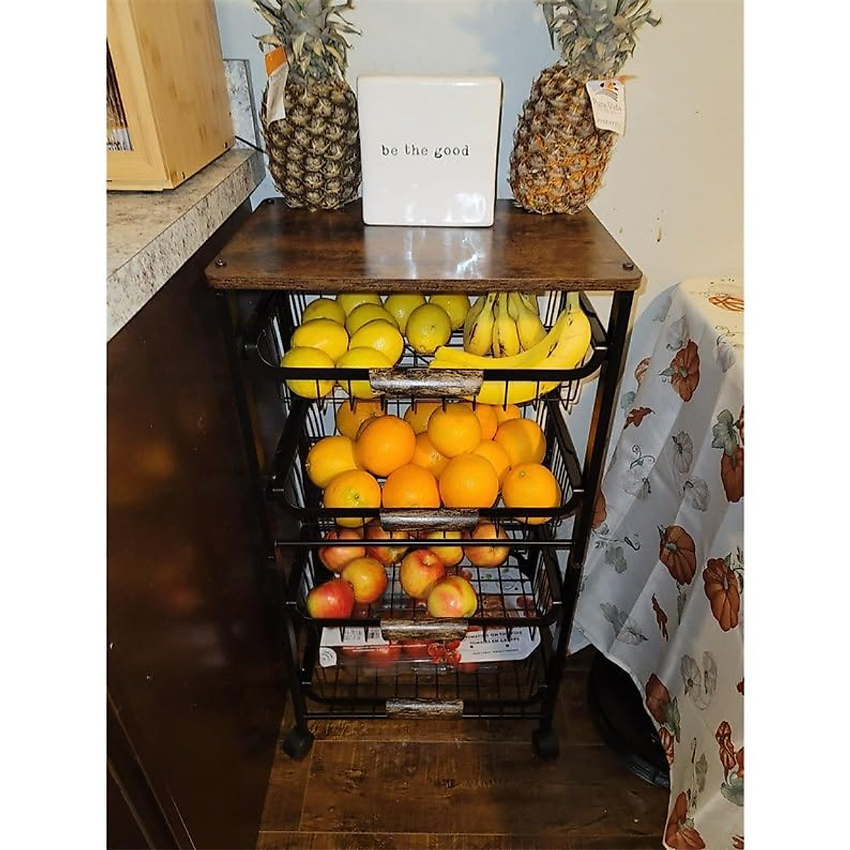 DELORM 5 Tier Vegetable Fruit Kitchen Storage Basket Cart Rack with Universal Wheel Metal Wire Basket Shelf Rolling Storage Cart, Rustic Farmhouse