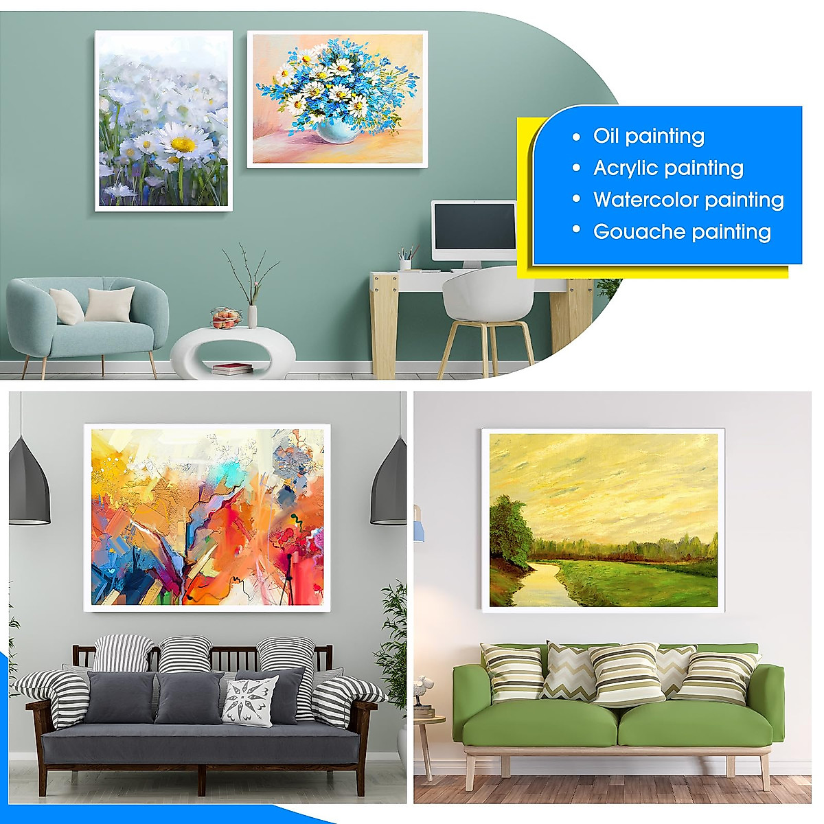 Sherr 3 Pcs 48 x 36 Inch Large Canvas for Painting Cotton Stretched Canvas Blank White Canvases Triple Primed Painting Canvas Profile Blank Canvases for Watercolor Acrylics Oil Painting