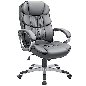 GUNJI Office Chair PU Leather High Back Executive Chair Ergonomic Computer Chair, Modern Adjustable Home Desk Chair Swivel Managerial Chair with Padded Armrests and Lumbar Support (Gray)