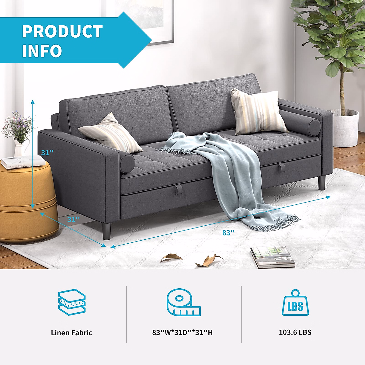 CECER Reversible Sleeper Sofa Bed with Cushion, Modern Pull Out Futon Couch Bed for Living Area, Big 2-in-1 Couch for Apartment, Office, Bedroom, Dark Grey