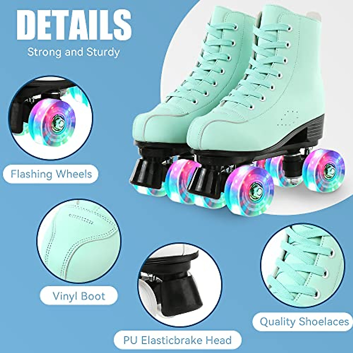 Roller Skate Shoes for Women Men,PU Leather High-top Double-Row 4 Wheel Roller Skates for Beginner, Unisex Indoor Outdoor Roller Skates with Shoes Bag (Flash wheel,43)