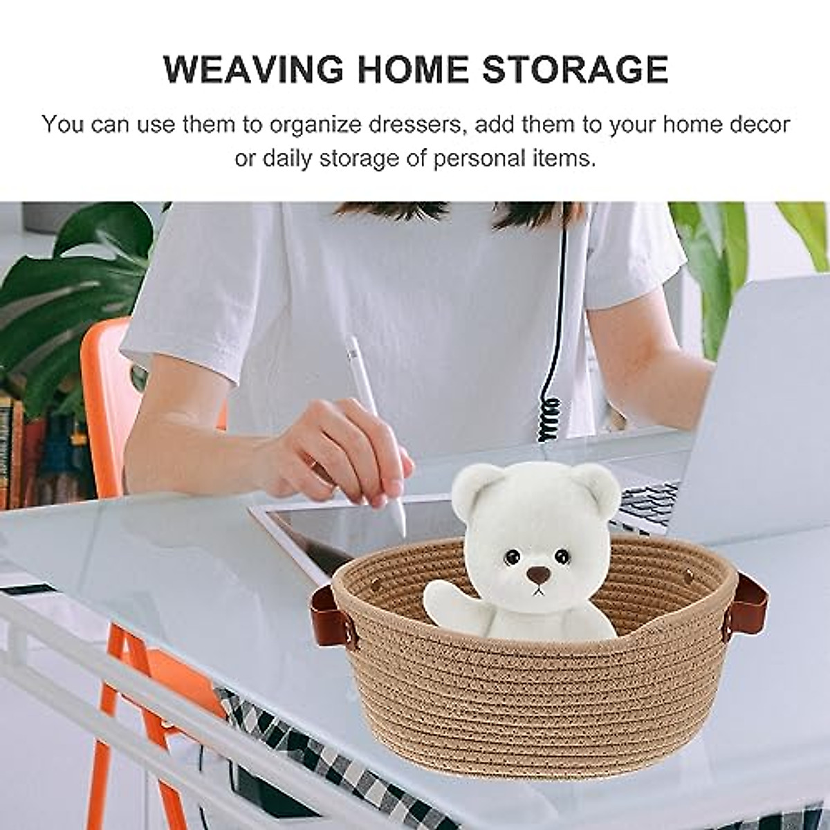 JEWEDECO 2pcs Cotton Rope Basket Home Decor Hamper Storage Baskets Makeup Baskets Cotton Rope Snack Basket Desktop Storage Basket Household Snack Holder Snack Storage Holder Khaki Leather