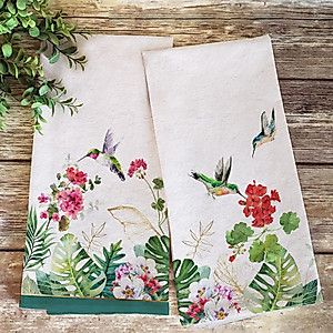 Seliem Summer Hummingbird Geranium Flower Bird Kitchen Dish Towel 2 Pack, Tropical Palm Leaf Monstera Plant Floral Hand Drying Baking Cloth, Spring Botanical Greenery Green Decor Home Decoration 18x26