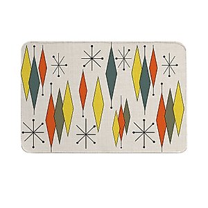 Dark Green Yellow Orange Red Bath mat Shower Door for Bedroom/Living/Laundry Room,Washable Bathroom Bathtub Runner Rug Indoor Outdoor Doormat,Middle Century Geometry Diamond 32x20In