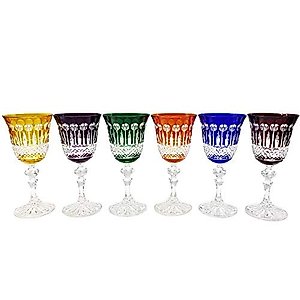6 Red White Wine And Water Crystal Glasses - 6 Colors Assortments - Roemer Service Diamant(5,7 fl oz) - Klein House - Company : Artisan du Cristal - Gift Set - Stamped : Klein 54120 Baccarat France