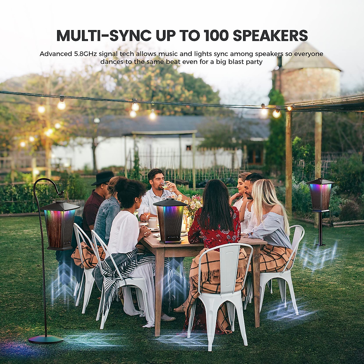 Outdoor Bluetooth Speaker Waterproof, 80W True Wireless Stereo Sound with Punchy Bass, Multi-Connect up to 100 Speakers, 4 Adjustable Modes Beat-Driven Lights, Party/Patio/Pool Side/Porch, 2 Pack