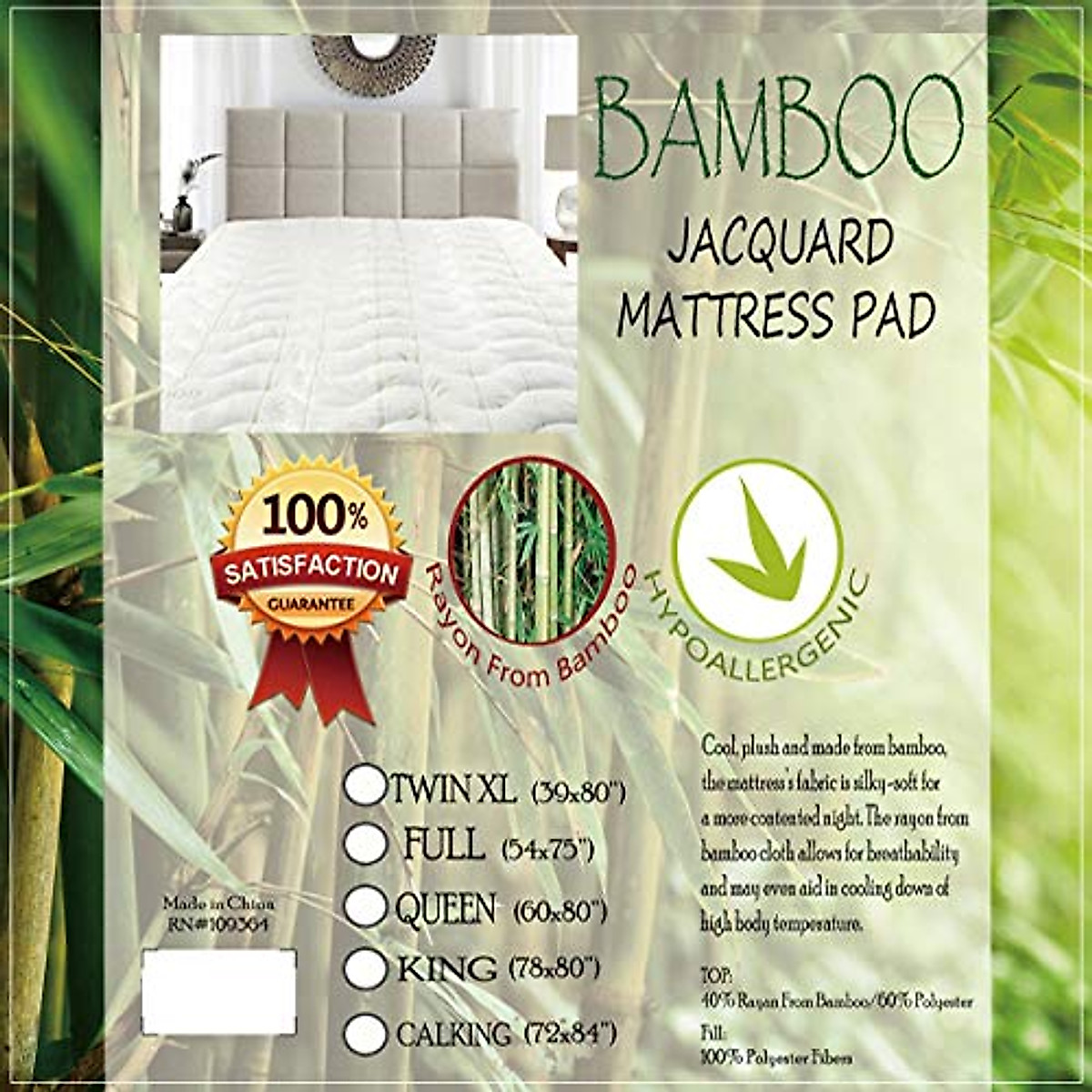 Royal Hotel Bedding Hypoallergenic Cool Bamboo Jacquard Fitted Mattress Topper Queen Size Extra Plush and Soft Mattress Pad