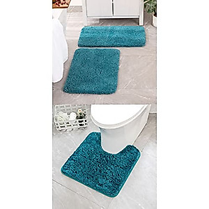 MIULEE 2pc 20''x30'' Bath Rugs and 20''x24'' Toilet Bath Mat, Non Slip Shaggy Absorbent Bathroom Rugs Set 3 Pieces, Teal