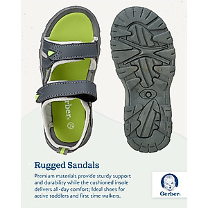 GERBER Baby Boys' Sandals - Adjustable Summer Sports Sandals (Infant/Toddler), Size 4 Infant, Grey/Neon Lime