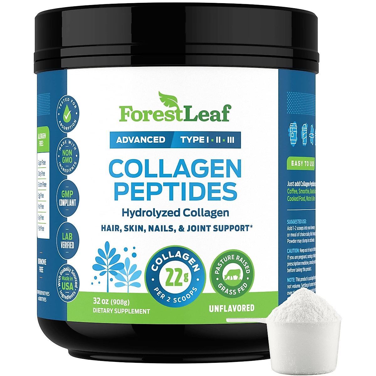 Collagen Peptides Powder Unflavored - Hydrolyzed Collagen Protein Powder Type 1, 2 & 3 - Grass Fed Keto Collagen Powder for Women & Men - Vital Hair, Skin, Nails, Joints, Recovery, 11g Per Serving