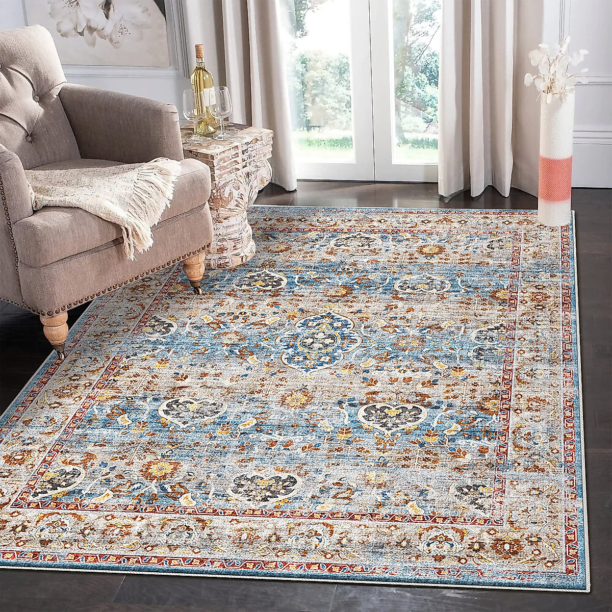 5x7 Washable Area Rug Clearance - Stain Resistant Rugs Non Slip Backing Soft Living Room Carpet for Bedroom Kitchen Dorm (Blue, 5X7)