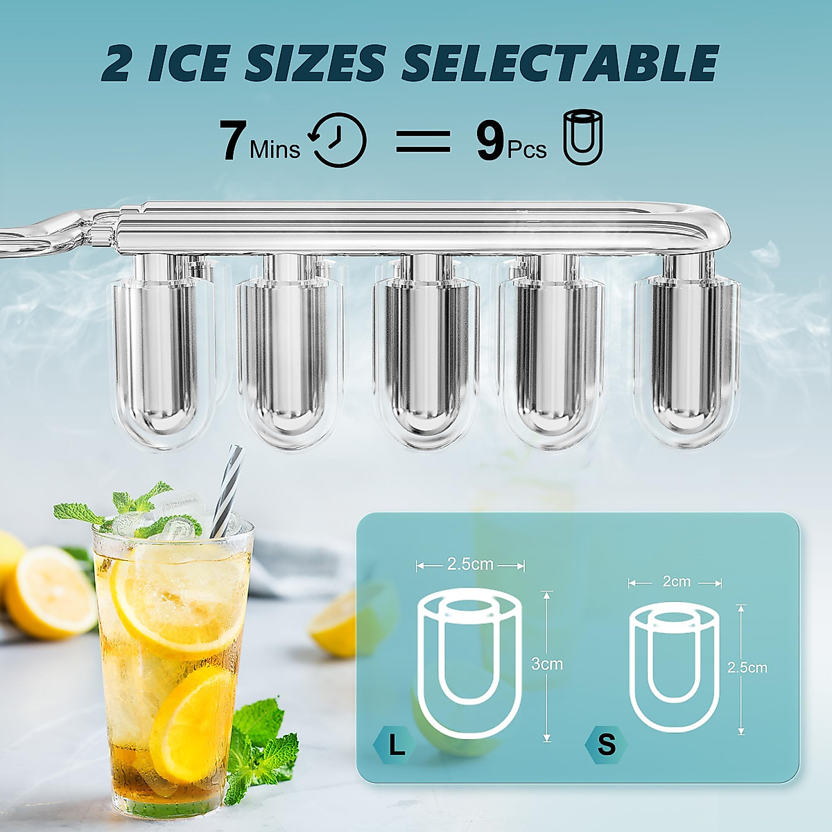 EUHOMY 34Lbs/24h Countertop Ice Maker Machine - Fully Flip Cover Cleaning, 2 Sizes Ice, 7 Mins 9 Bullet Ice, Portable Ice Maker with Basket and Scoop for Home/Kitchen/Office/Party. (Stainless)
