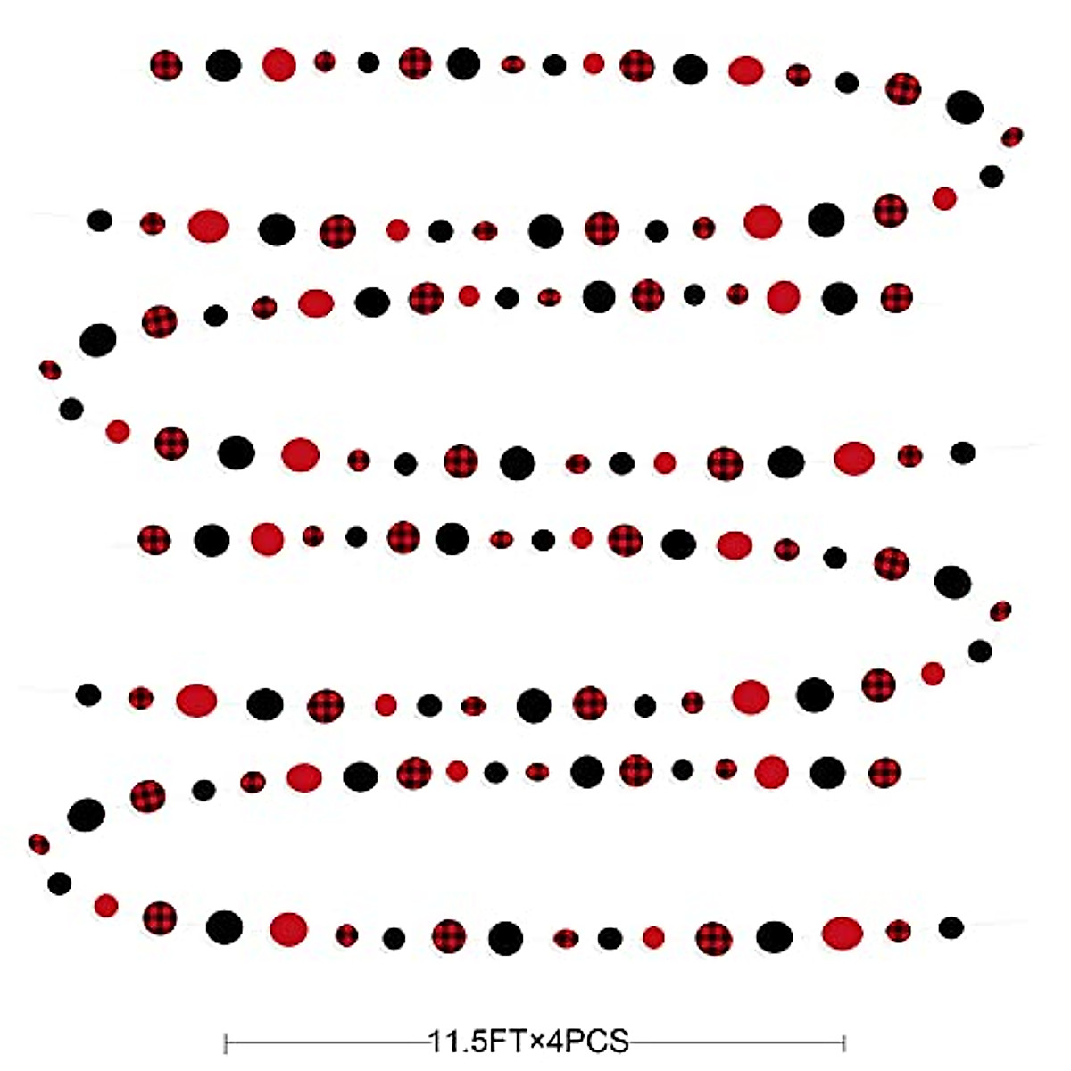 46Ft Buffalo Plaid Polka Dot Garlands Black Red Checkered Paper Circle Dot Streamer Banner for Baby Shower Bridal Shower Birthday Bachelorette Christmas Holiday Halloween Party Decorations Supplies