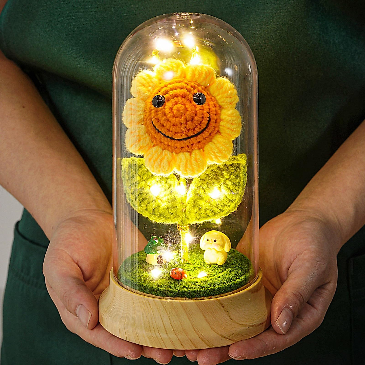 Levvohd Crochet Sunflower Gifts for Women, Artificial Sun Flower Birthday Gifts for Grandma, in Plastic Dome Sunflower, for Her Mom Mothers Day Christmas Day Gifts (B - Sunflower 4.3 in X 7.5 in)