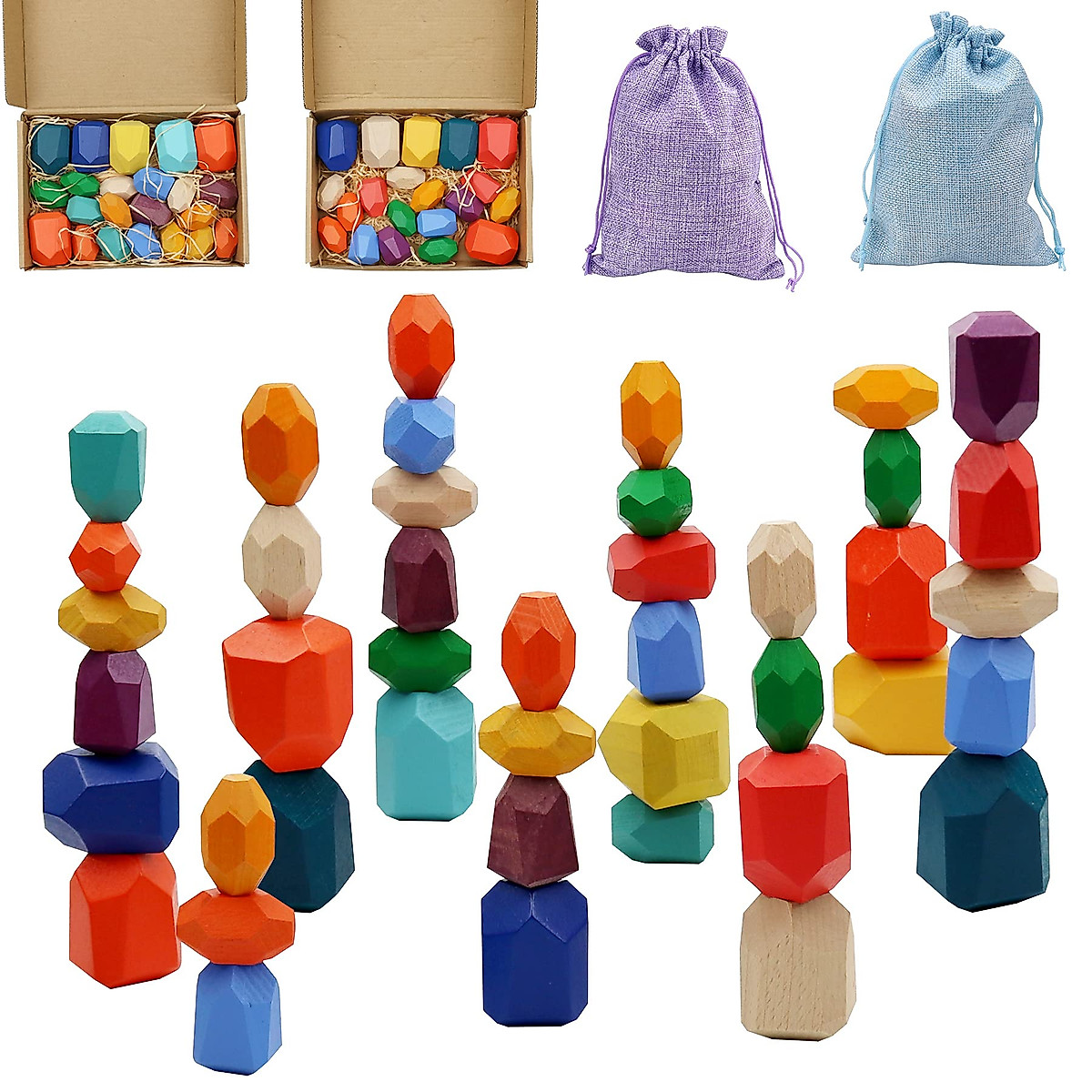 40 PCS Wooden Rocks Balance Stones Building Blocks Set, Colored Wood Balancing Stone Stacking Game, Lightweight Natural Educational Preschool learning Large Small Puzzle Toy for Kids (40PCS-2)