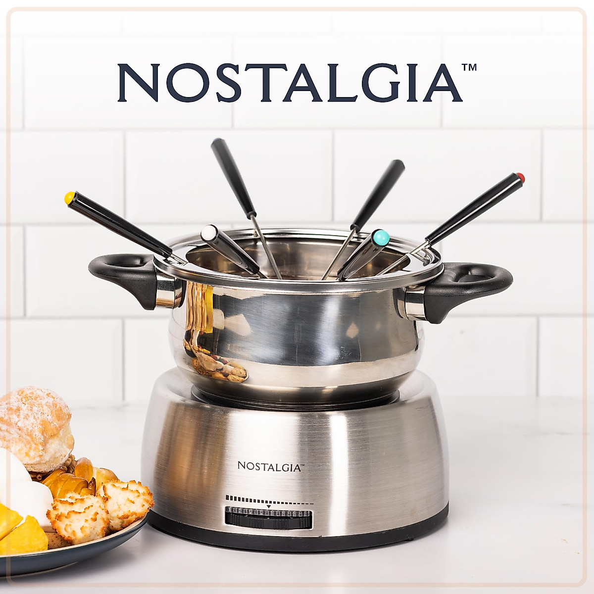 Nostalgia 6-Cup Stainless Steel Electric Fondue Pot Set with Temperature Control, 6 Color-Coded Forks, and Removable Pot - Fondue Pot for Chocolate, Candy Melts, Caramel, Cheese, Sauces, and More
