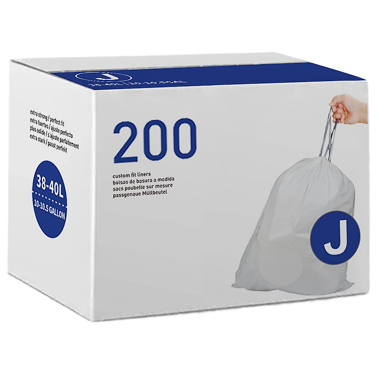 Code J 200 Count Drawstring Trash Bags Compatible with Code J | 1.2 Mil | White Garbage Can Liners 10-10.5 Gallon / 38-40 Liter Heavy Duty Plastic Trash Bags