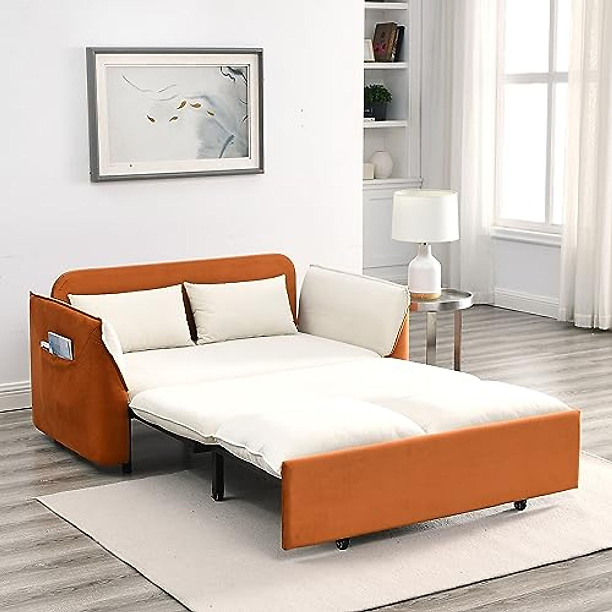 ERYE 3-in-1 Upholstered Futon Loveseat Convertible Sleeper Bed,2-Seaters Sofa & Couch Soft Cushions Love Seat Daybed for Small Space Living Room Napping,White Orange 3 Fold w/Pockets