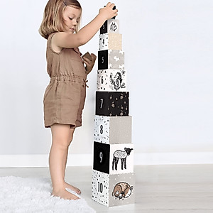 Wee Gallery Nesting Blocks - Baby Animals and Numbers - Black and White Stacking and Building Toy for Toddlers and Kids - Motor Skills, Creative Play and Problem Solving for Children (Ages 2 and up)