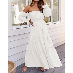 ZESICA Women's 2024 Boho Sexy Off Shoulder Long Sleeve Smocked High Waist Side Split Flowy A Line Tiered Long Maxi Dress,White,Medium