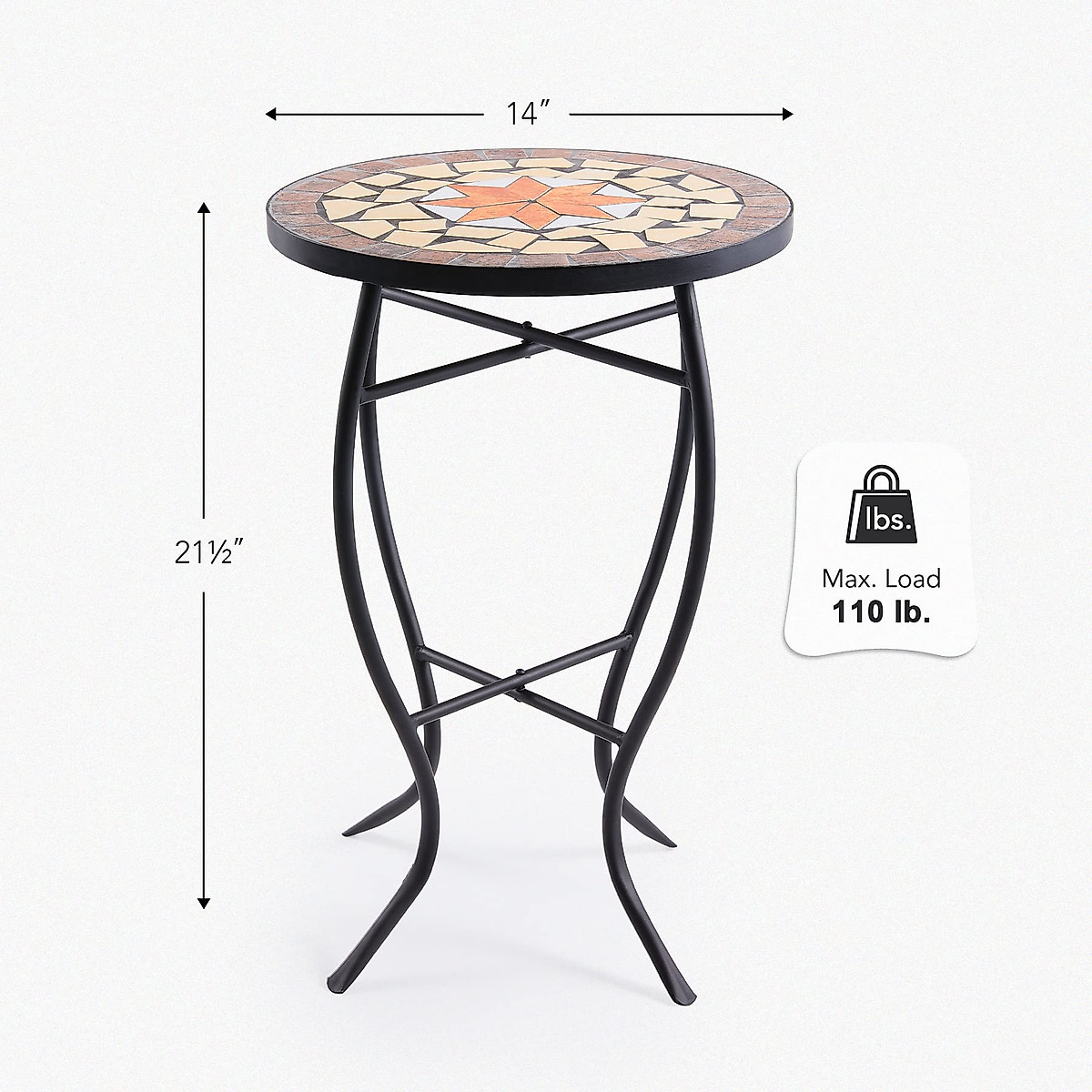 VONLUCE Mosaic Side Table and Plant Stand, 21" Round End Table with 14" Ceramic Tile Top, Indoor & Outdoor Accent Table, Porch Patio Furniture, Entryway & Coffee Table for Home & Garden, Maple