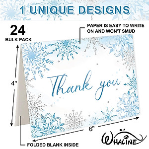 Whaline 24 Pack Christmas Thank You Cards Blue Glitter Snowflake Greeting Cards with Envelopes Stickers Blank Note Cards for Xmas Winter Party Invitation Supplies, 4 x 6 Inch