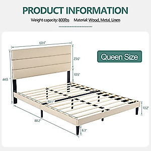 QZhommer Upholstered Platform Bed Queen Size Metal Bed Frame with Headboard and Strong Wooden Slats,Non-Slip and Noise-Free,No Box Spring Needed, Mattress Foundation,Easy Assembly,Beige