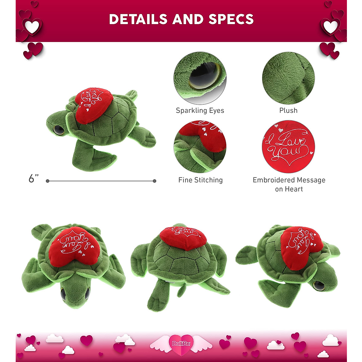DolliBu I Love You Valentine Plush Big Eye Sea Turtle - Cute Turtle Stuffed Animal with Red Heart and Name Personalization Gift for Valentines Day, Birthday, Anniversary, Romantic Date - 6 Inches