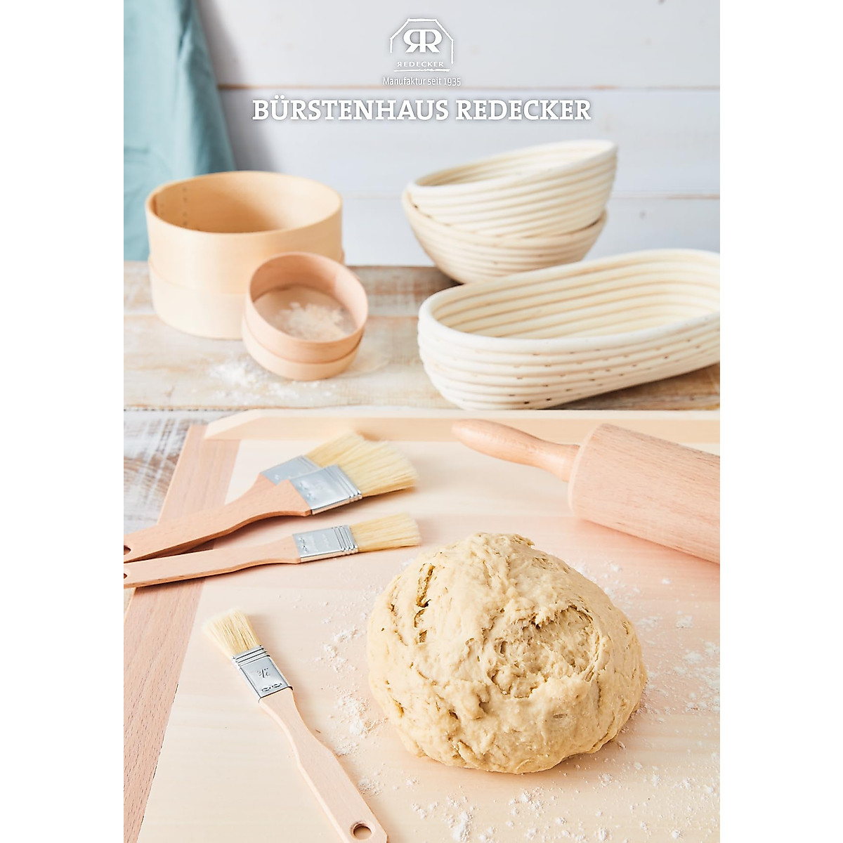 Redecker Pastry Brushes Set with Untreated Beechwood Handles, 2 Different Sizes, Multi-purpose Brushes with Natural Boar Bristles for Basting, Glazing and More, Made in Germany