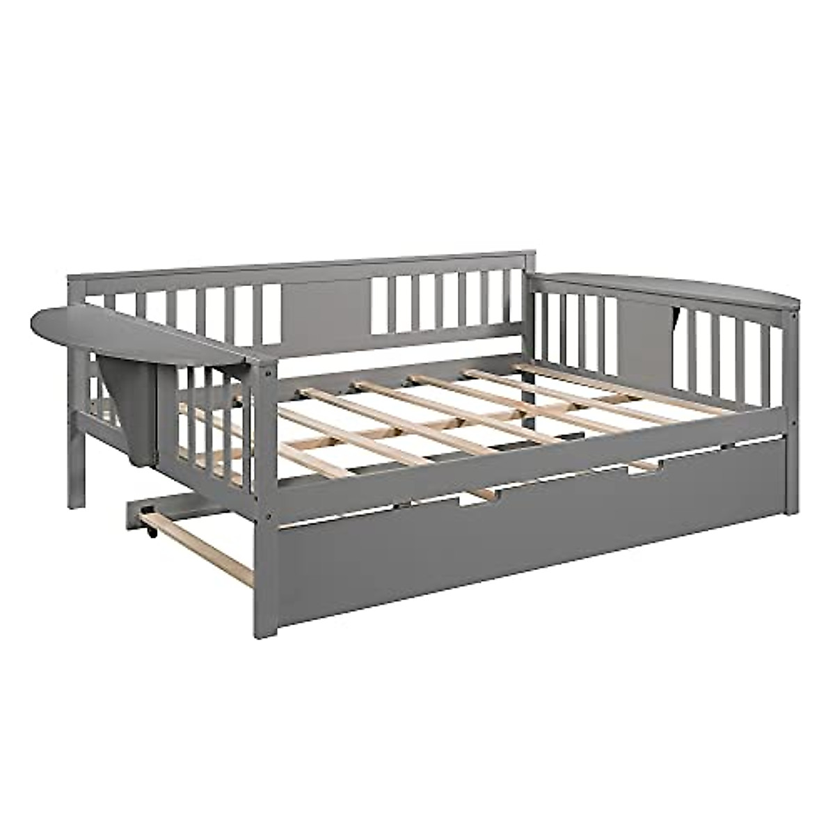Solid Wood Daybed with 2 Folding Tables and Trundle, Full-Size Bed Frame Multi-Functional Daybed for Kids/Teens Bedroom/Guest Room Furniture, No Box Spring Required