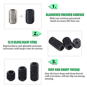 Keadic 450Pcs Internal Hex Drive Cup-Point Screws Assortment Kit, 15 Sizes Alloy Steel Hex Socket Set Cap Point Grub Screws, Socket Head Cap Screws Grub Screws, Metric, Black (M3 M4 M5 M6 M8)