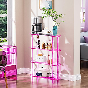 solaround Clear Bookshelf, Acrylic Bookcase with Open Book Shelf Console Table for Entryway Office (4 Tier Pink)