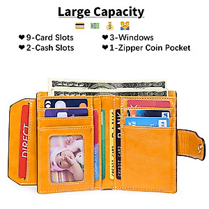 GOIACII Women Wallet RFID Blocking Leather Small Bifold Zipper Pocket Wallet Compact Card Case Purse with ID Window