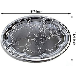 Maro Megastore (Pack of 4) 15.7 inch x 11.4 inch traditional oval flower pattern carving dining chrome plated dinner plate mirror plate plate plate metal tableware party Medium T225M-4PK