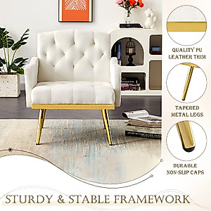 Antetek Upholstered Velvet Accent Chair, Modern Armchair Single Sofa Arm Chair with Golden Metal Legs, Tufted Lounge Reading Chair for Living Room, Bedroom, Office, Light Beige