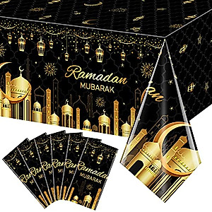 6 Pack Ramadan Plastic Tablecloth Decorations for Home, Eid Mubarak Ramadan Disposable Table Cover Decorations, Muslim Happiness Ramadan Eid Al-fitr Table Cloths for Ramadan Party Supplies, 54x108Inch