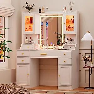 White Vanity Desk with Mirror, Lights and Charging Station - Large Makeup Table Set with RGB Cabinets and 3 LED Light Modes