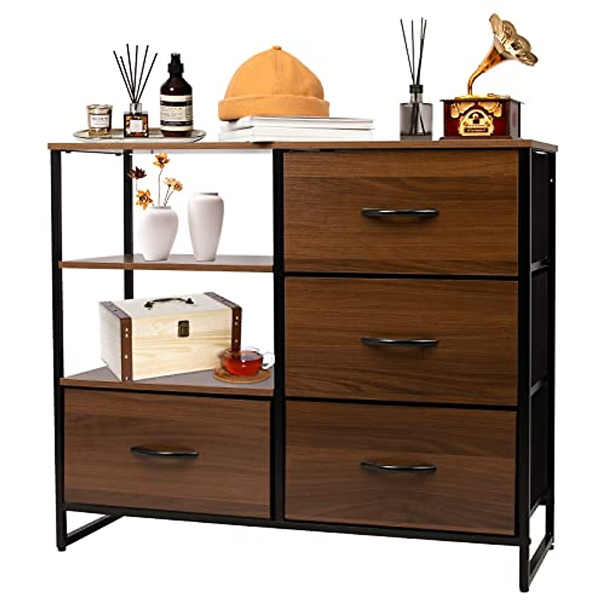 CONNOO Fabric Dresser with 4 Drawers and 2 Side Shelf, Lightweight Industrial Storage Unit Organizer for Entryway, Bedroom, Nightstand, Office, Kitchen