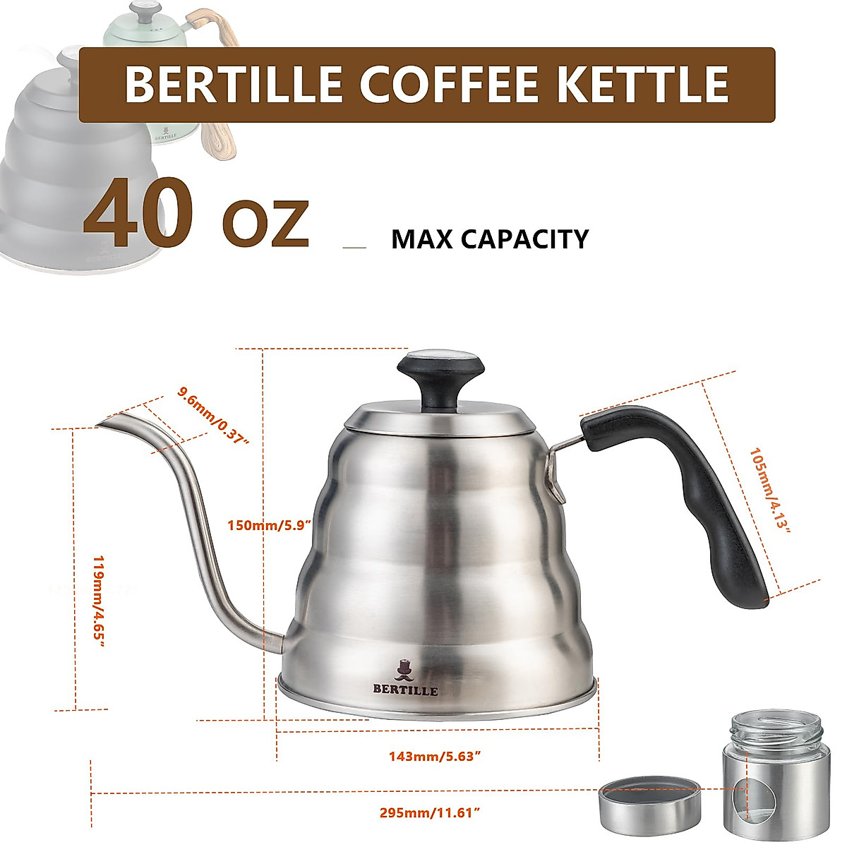 BERTILLE Gooseneck Coffee Kettle Tea Kettle with Thermometer 40 fl oz/1200 ml, premium stainless steel kettle body and ergonomic handle + 1.1 oz coffee bean storage canister(Black)