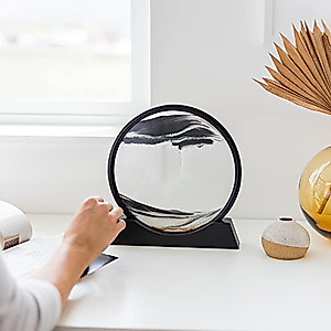 A Mindful Office Moving Sand Art Decor (10 Inch) - Perpetual Motion Desk Toy Brings Uniquely Relaxing Vibe to Your Home Round Glass Frame with Black, White and Gold Liquid sandart12inchbwg 12 Inch