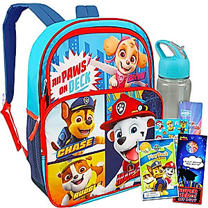 Nick Shop Paw Patrol School Backpack For Kids, Boys ~ 5 Pc Bundle With 16" Paw Patrol School Bag, Water Bottle, Paw Patrol Coloring Activity Pack, Stickers, and More (Paw Patrol School Supplies)