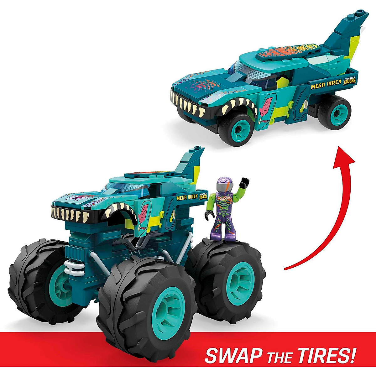 MEGA Construx Hot Wheels Monster Trucks Toy Car Building Set, MEGA-Wrex with 187 Pieces, 1 Micro Action Figure Driver, Red, Kids Age 5+ Years