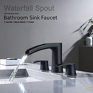 TIORIY Black Bathroom Faucets for 3 Holes Sink - 2-Handle Bathroom Sink Faucet with Drain for Sink 3 Hole, Waterfall Bathroom Faucet with Pop Up Sink Drain Stopper, Black Washbasin Faucet