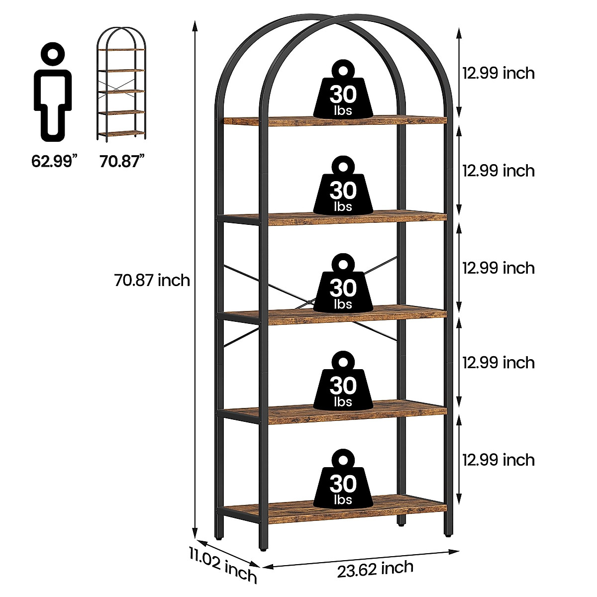 GAOMON 5 Tier Bookshelf Arched Bookcase Modern Standing Bookshelves Tall Display Racks Metal Book Shelf for Bedroom, Living Room, Home Office
