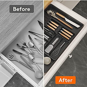 Lifewit Silverware Organizer for Kitchen Drawers, Expandable Utensil Tray with Removable Knife Block, Adjustable Cutlery and Flatware Holder, Plastic Spoon Forks Holder Storage Divider, Large, Black